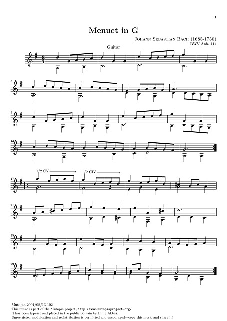 Minuet In G Stave Notation Guitarra Partituras Cantorion Partituras Y Páginas Musicales