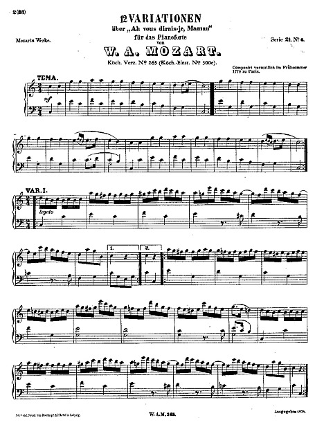 12 Variations on "Ah, vous dirai-je, Maman" Original version - Piano - Partituras - Cantorion ...